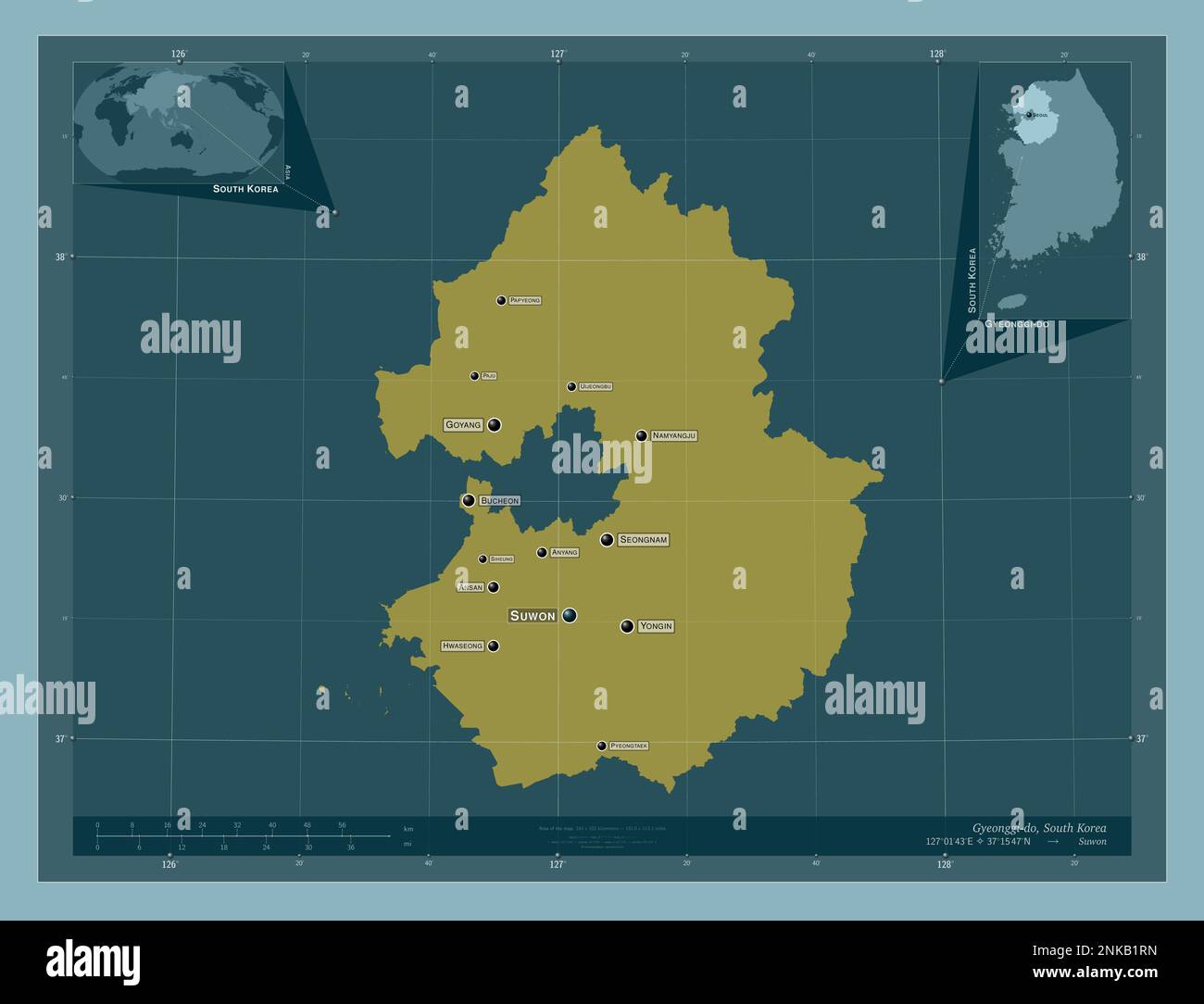 Gyeonggi-do, province of South Korea. Solid color shape. Locations and ...
