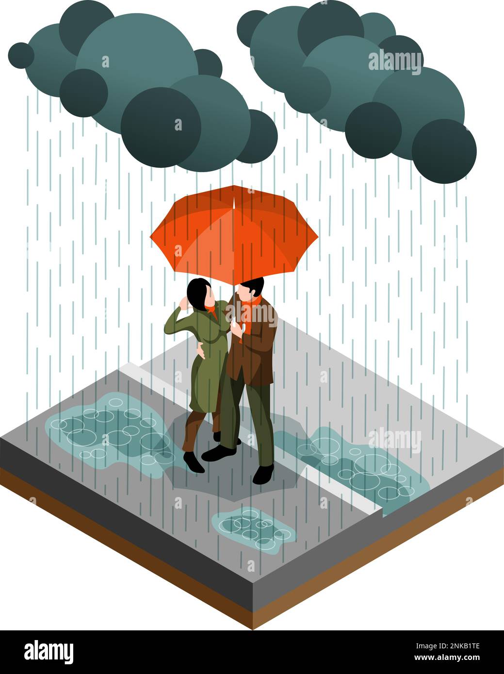 Isometric isolated storm weather concept couple hiding from the rain ...