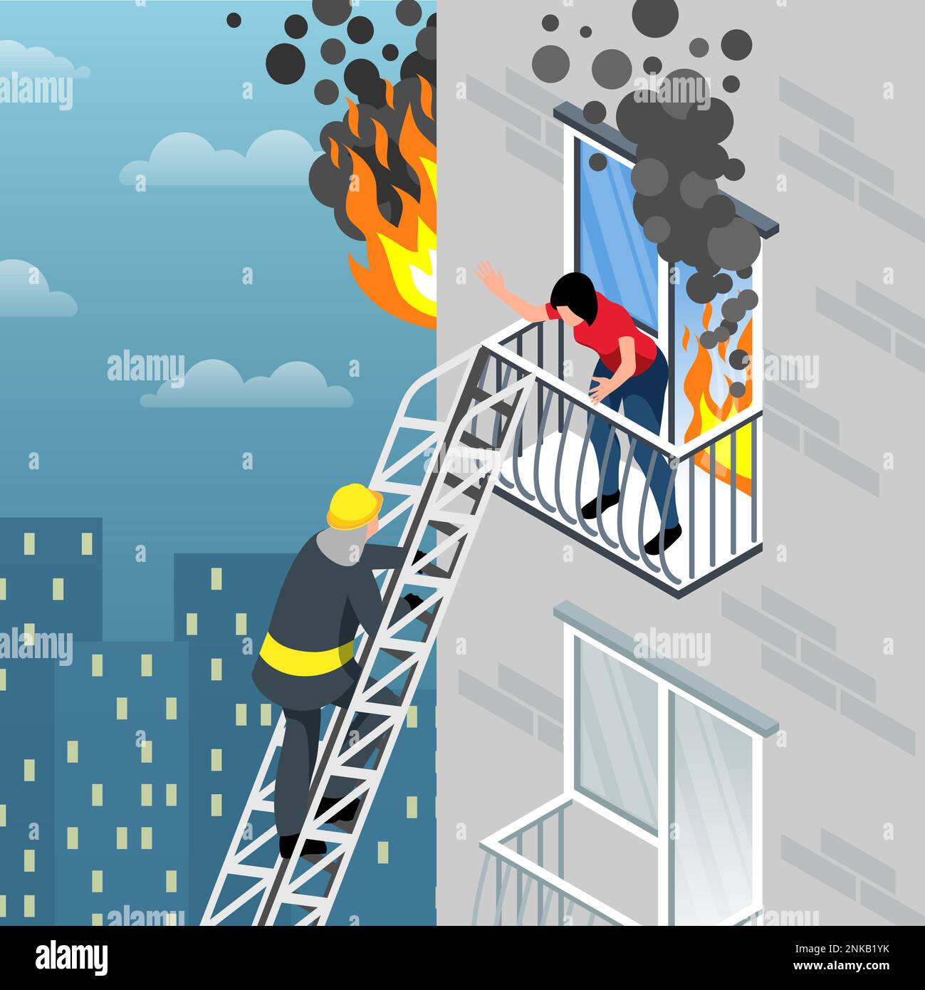 Isometric firefighter composition firefighter rescues a person from ...