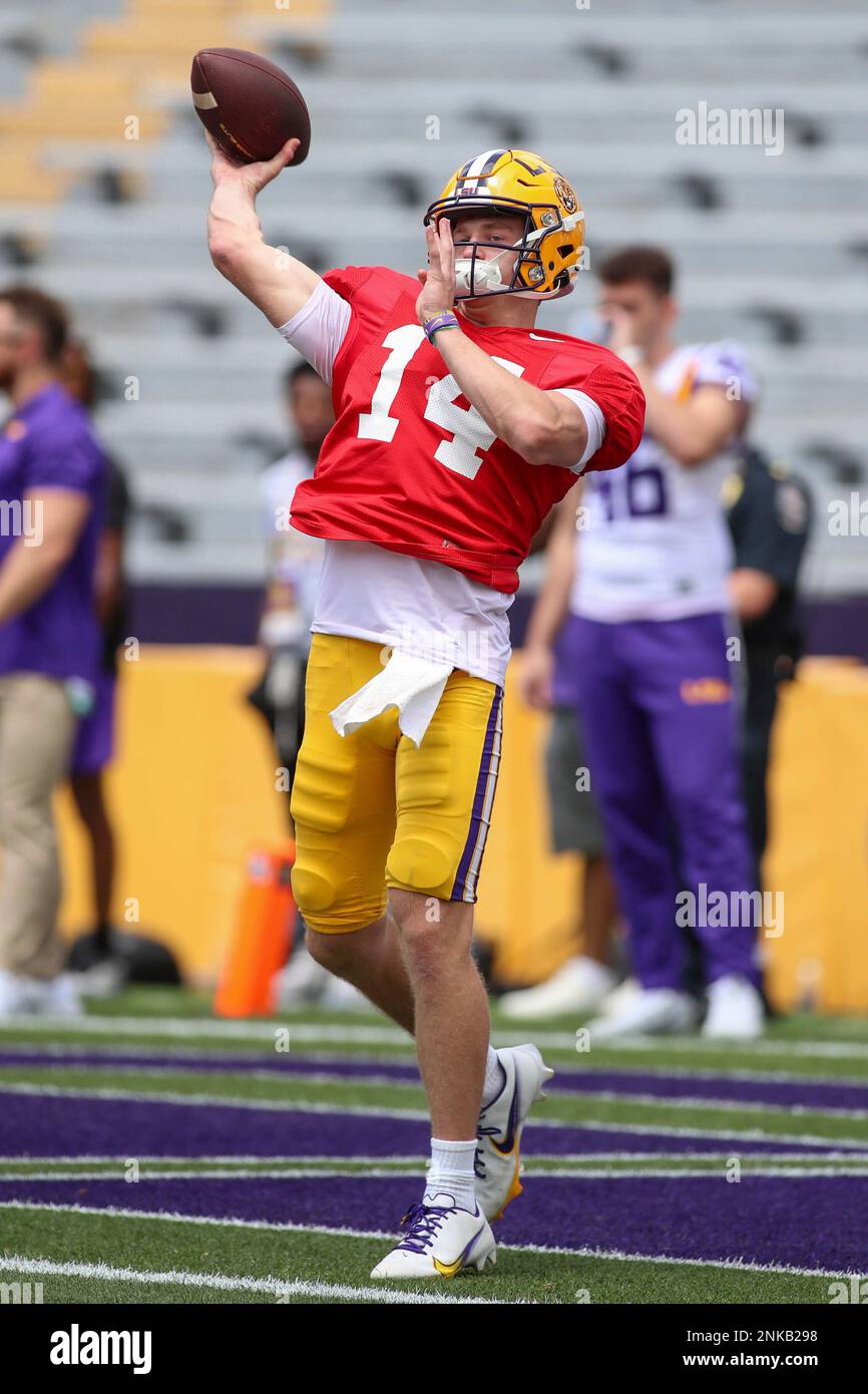April 23, 2022: LSU quarterback Walker Howard (14) attempts a pass ...