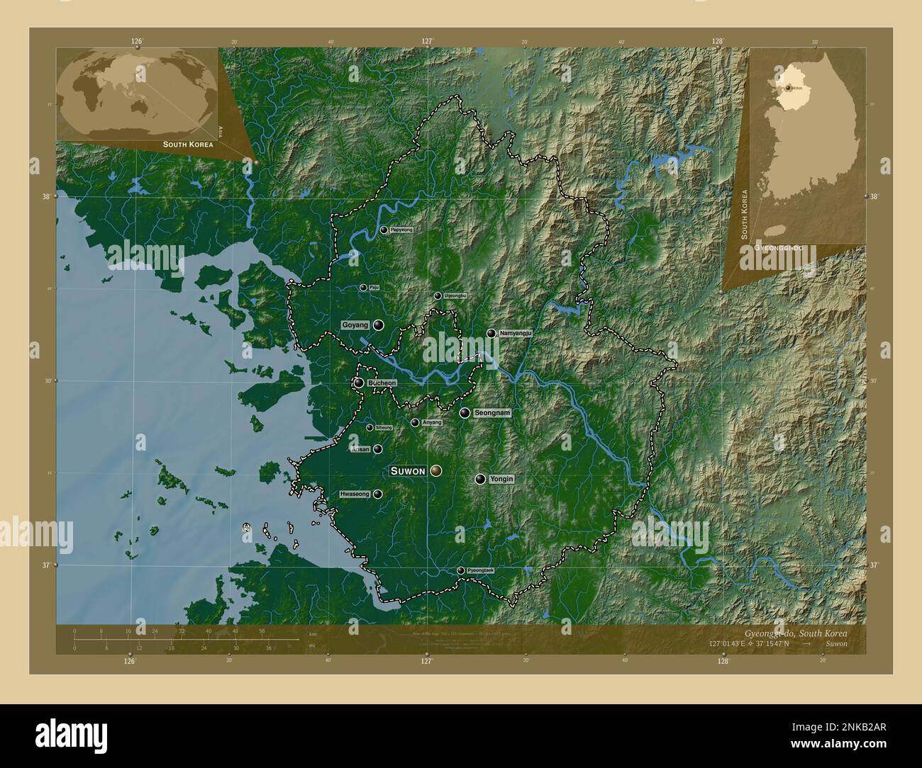 Gyeonggi-do, province of South Korea. Colored elevation map with lakes ...