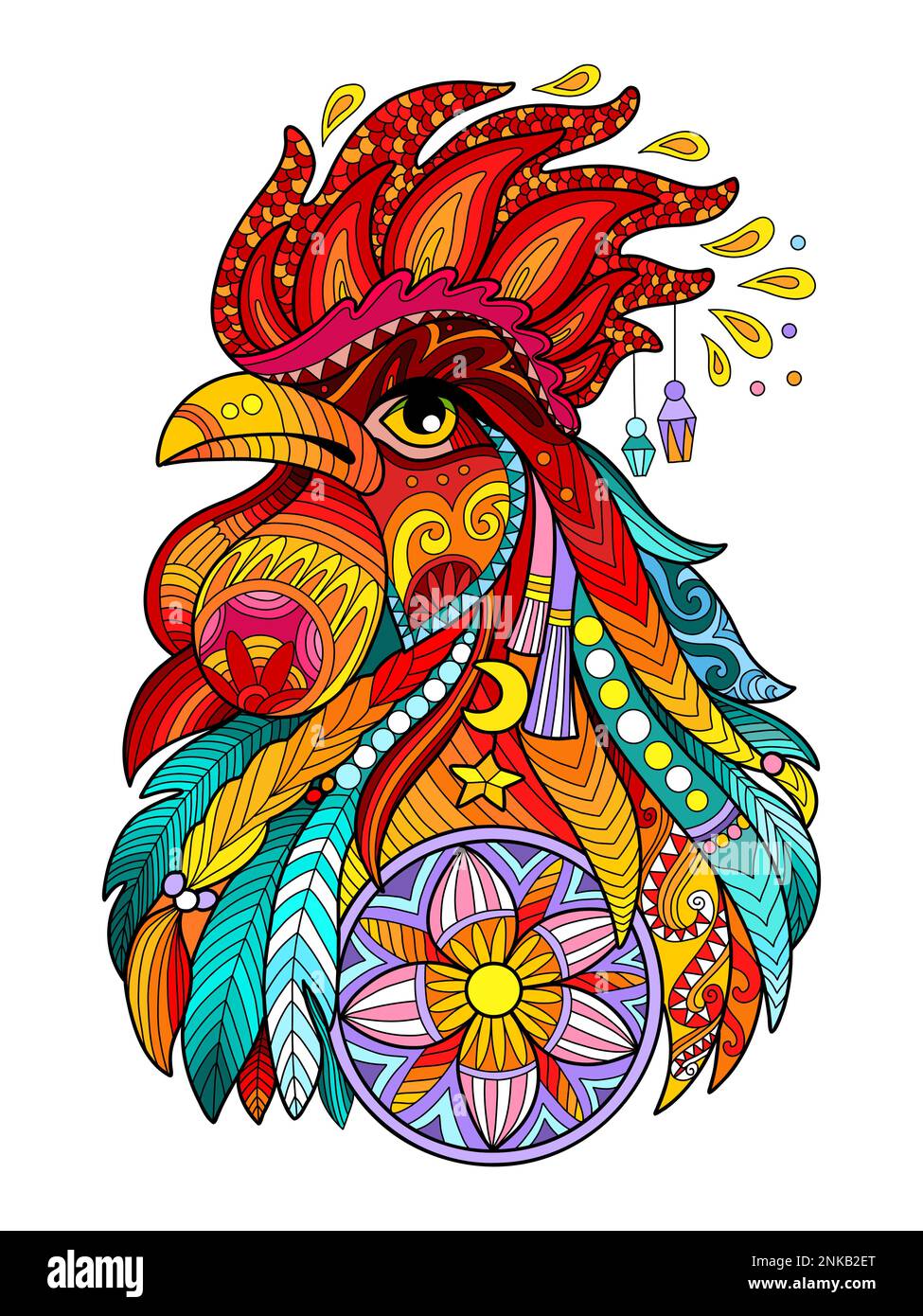 Abstract rooster bird head with tangle doodle elements. Vector colorful ...