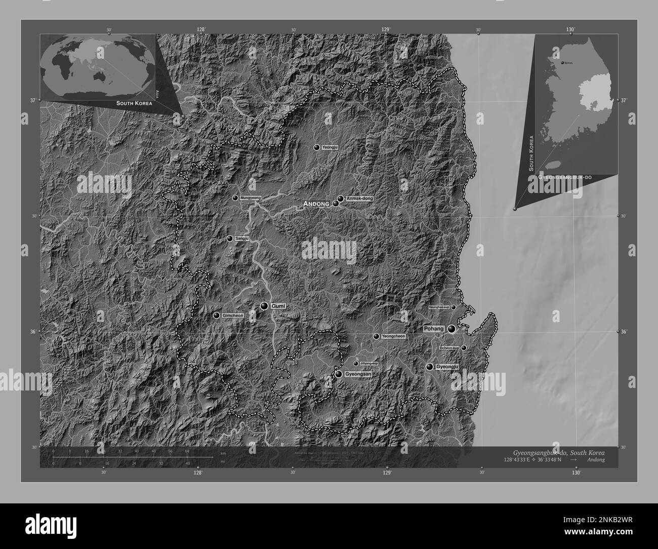 Gyeongsangbuk-do, province of South Korea. Bilevel elevation map with ...