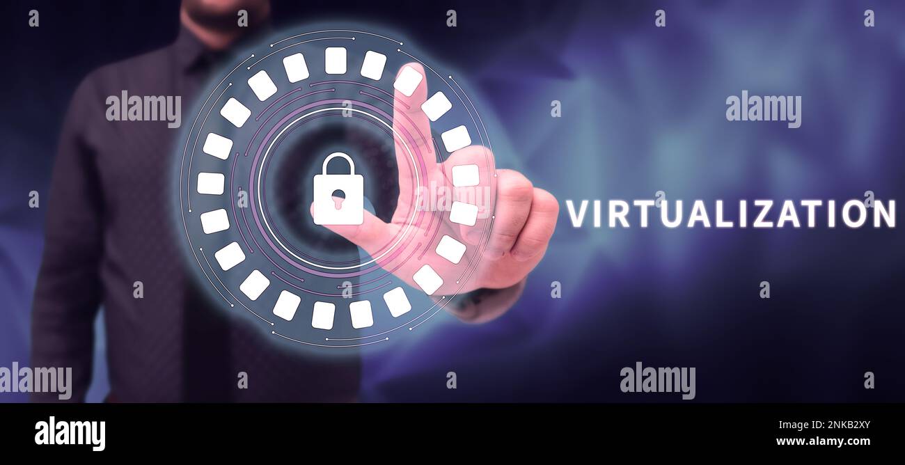 Text caption presenting Virtualization. Word Written on application of virtual environment to ...