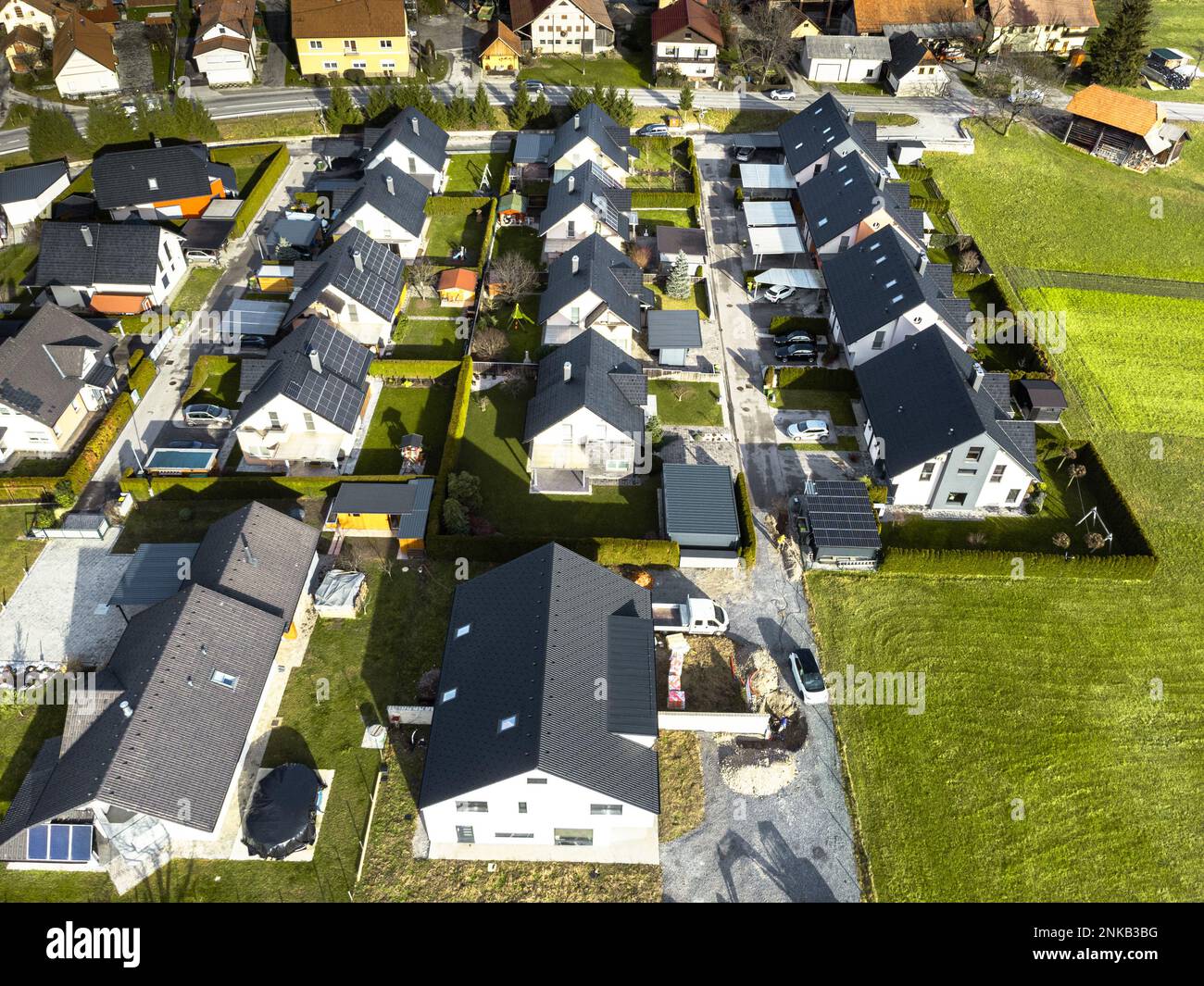 Aerial view to street with tree row in field landscape hi-res stock ...