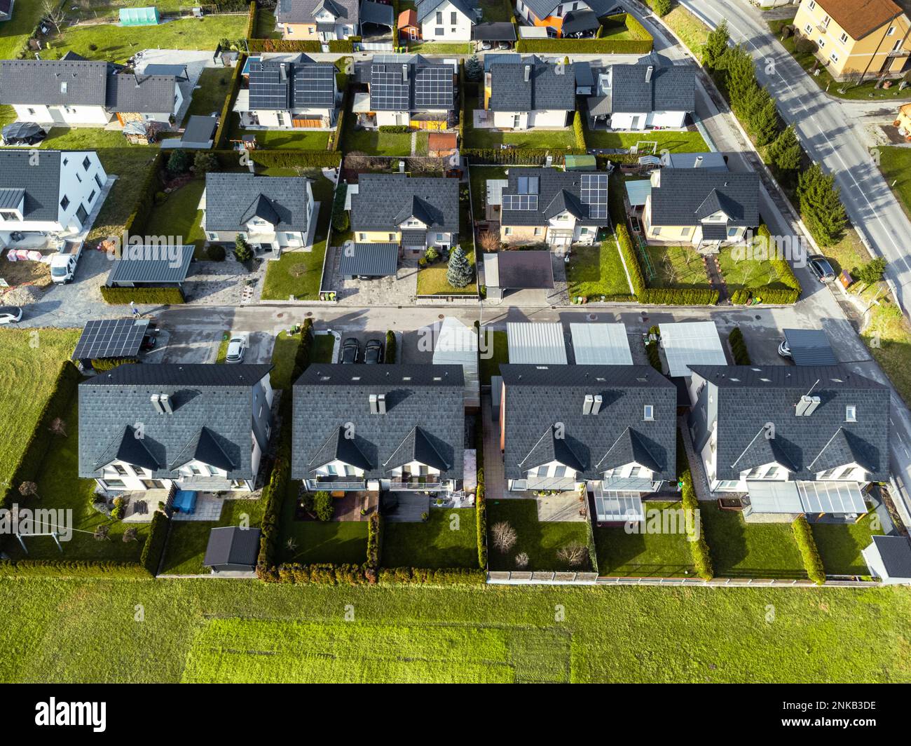 Aerial view to street with tree row in field landscape hi-res stock ...