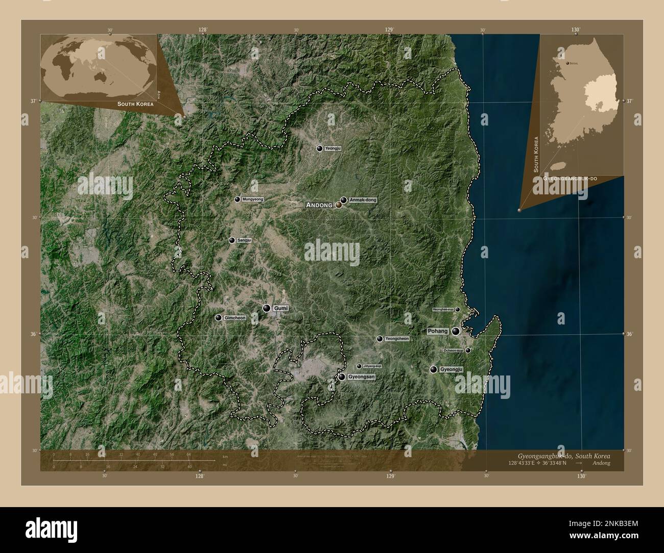 Gyeongsangbuk-do, province of South Korea. Low resolution satellite map ...