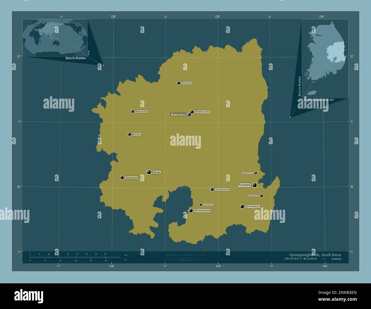 Gyeongsangbuk-do, province of South Korea. Solid color shape. Locations ...