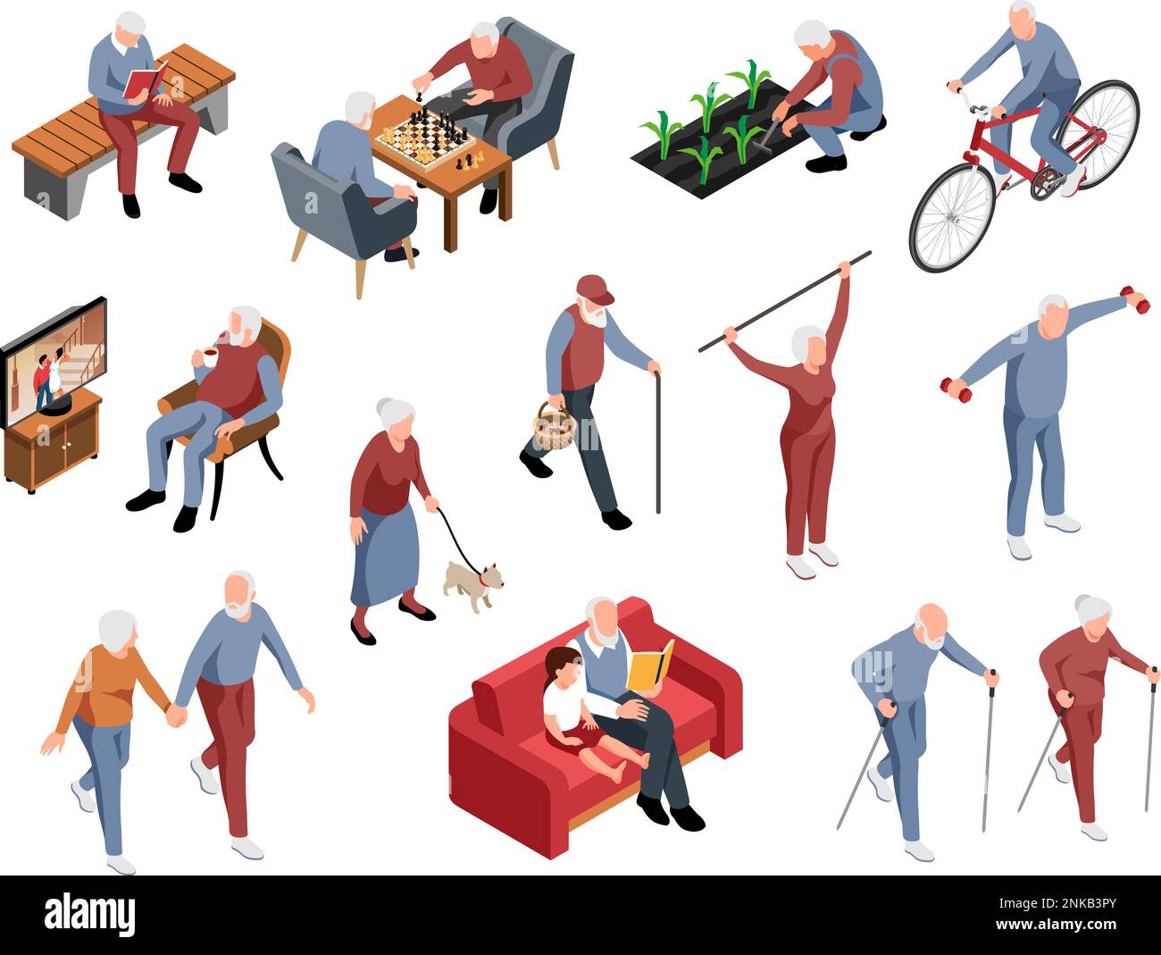Isometric old people activity icon set elderly people read books play ...