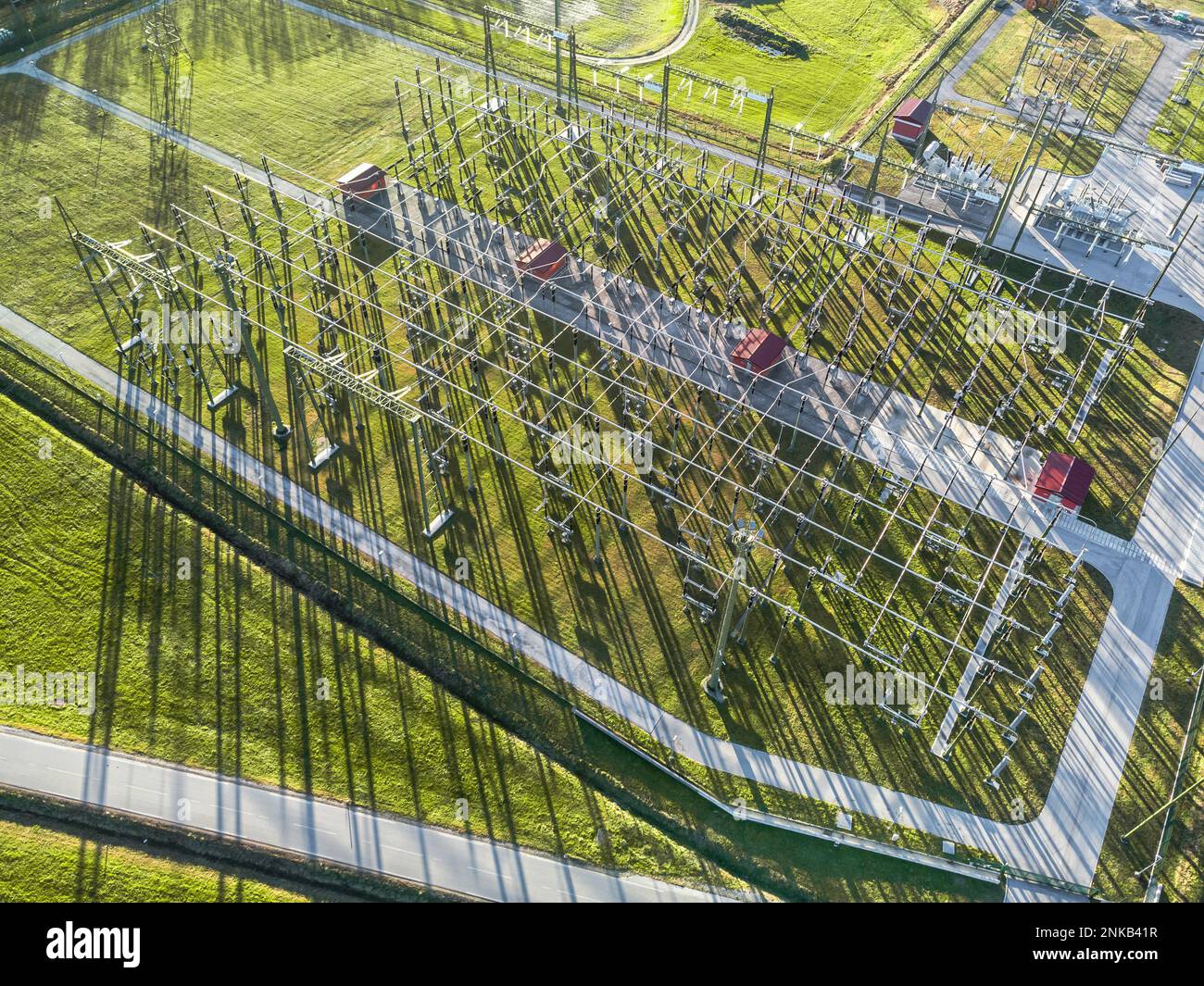 Electrical transformer substation in setting sun. Aerial view Stock ...