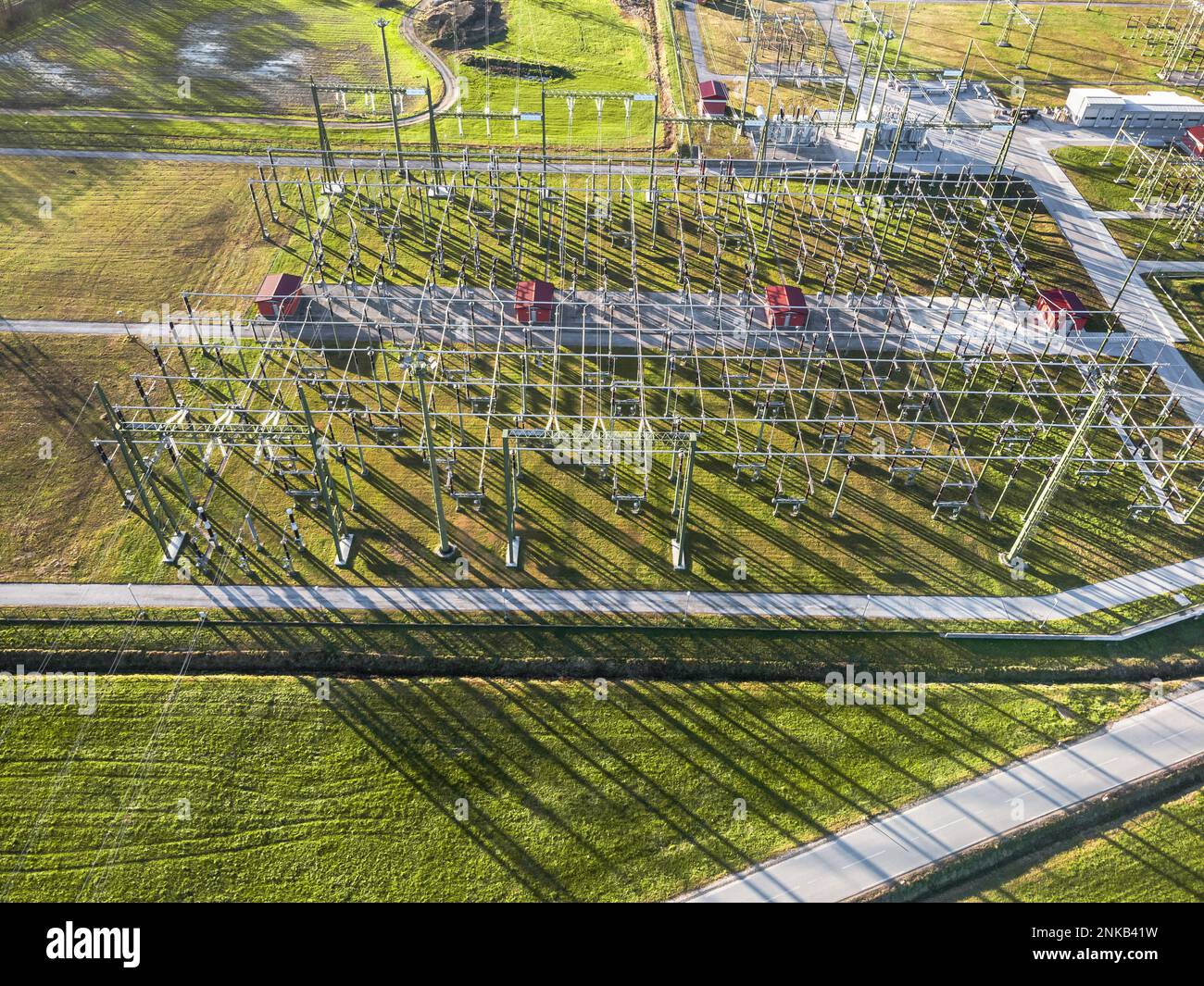 Electrical transformer substation in setting sun. Aerial view Stock ...