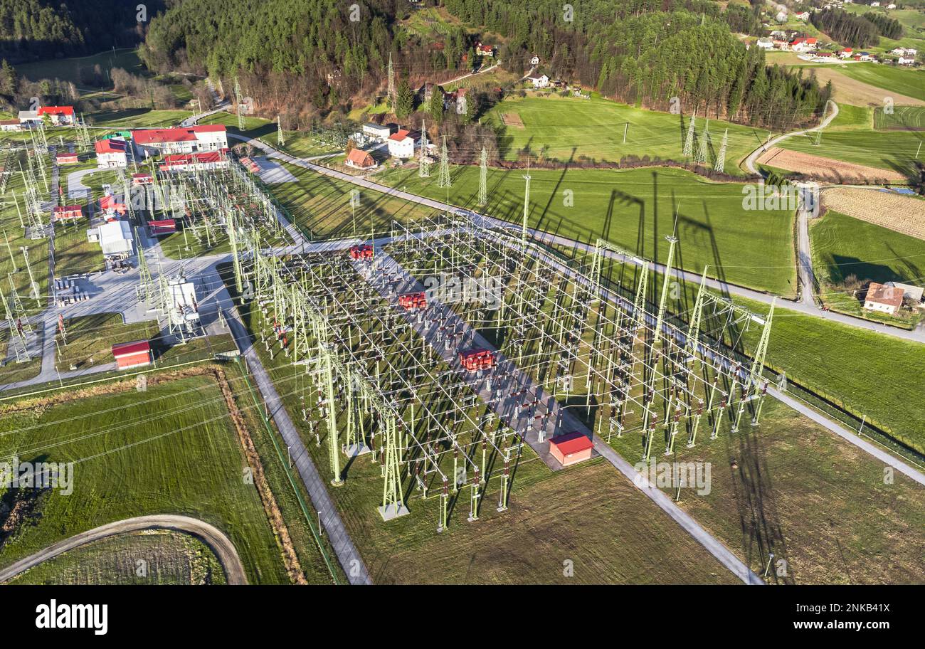 Electrical transformer substation. Aerial view Stock Photo - Alamy