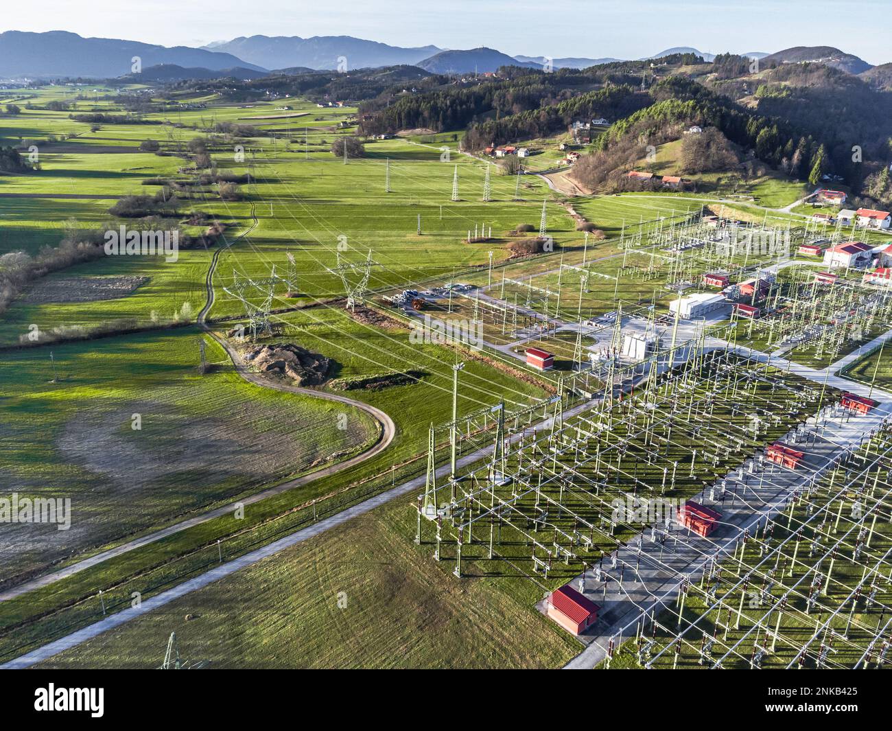 Electrical transformer substation and surrounding landscape. Aerial ...