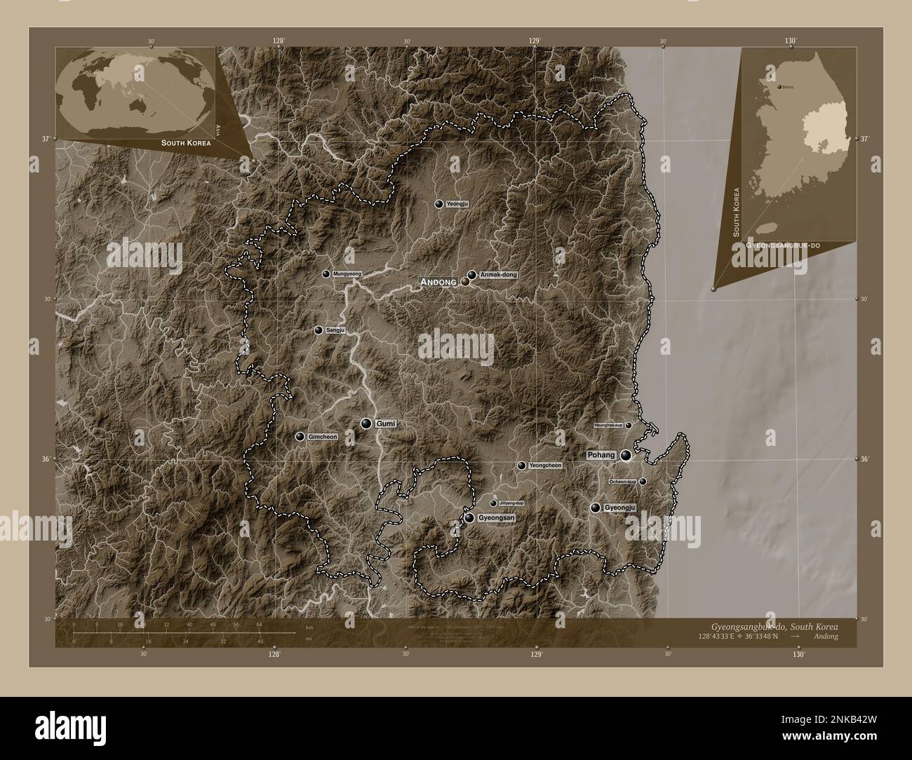 Gyeongsangbuk-do, province of South Korea. Elevation map colored in ...