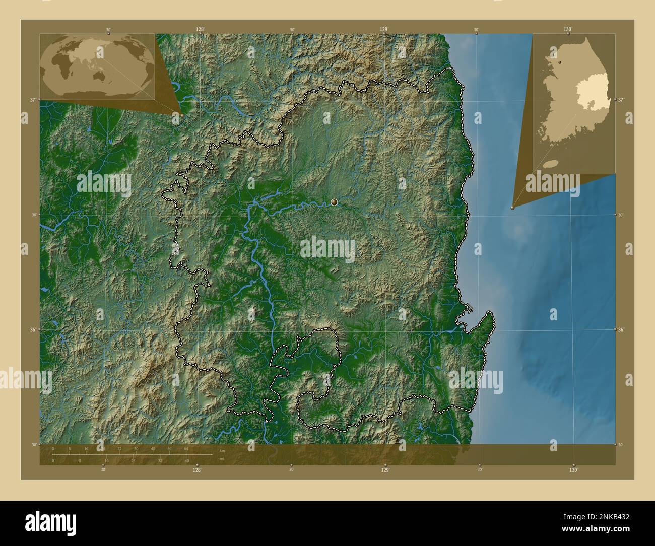 Gyeongsangbuk-do, province of South Korea. Colored elevation map with ...
