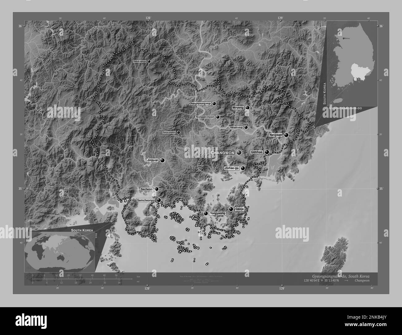 Gyeongsangnam-do, province of South Korea. Grayscale elevation map with ...