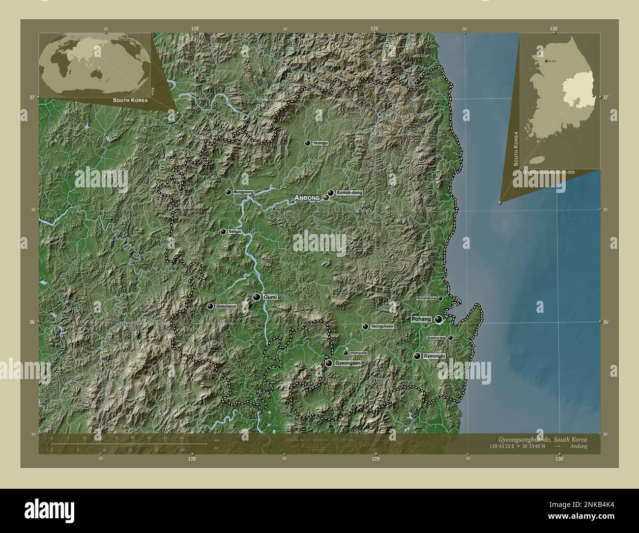 Gyeongsangbuk-do, province of South Korea. Elevation map colored in ...