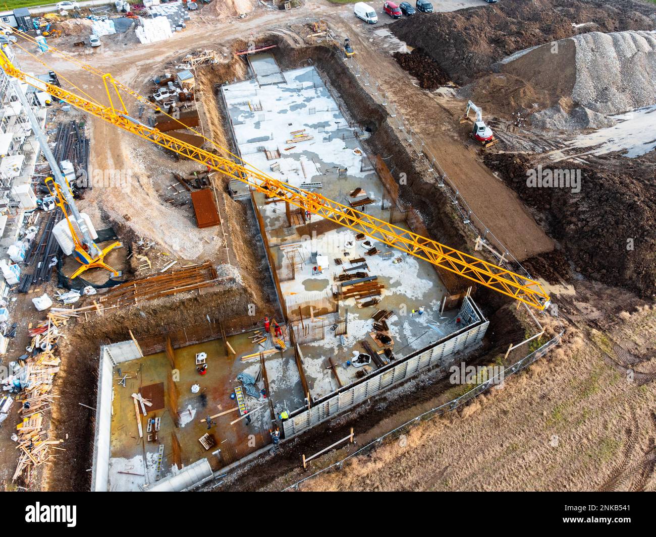 Apartment buildings under construction, building site, aerial view ...