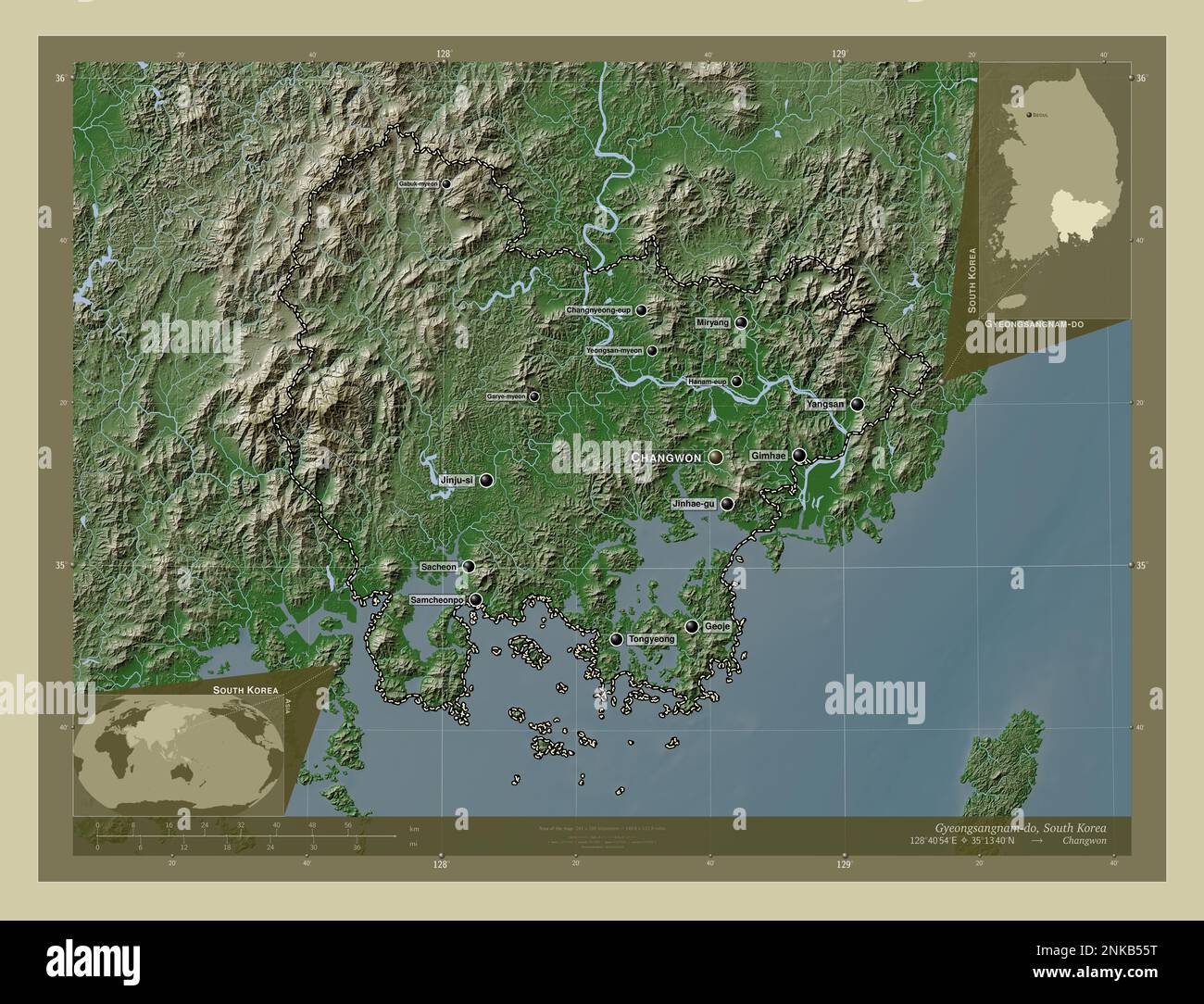 Gyeongsangnam-do, province of South Korea. Elevation map colored in ...