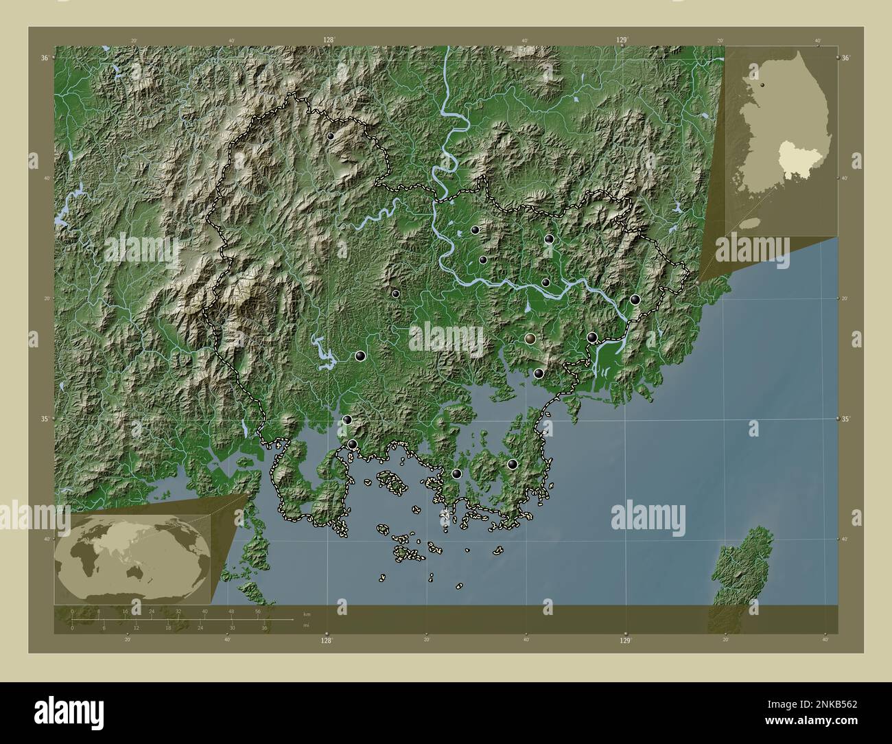 Gyeongsangnam-do, province of South Korea. Elevation map colored in ...