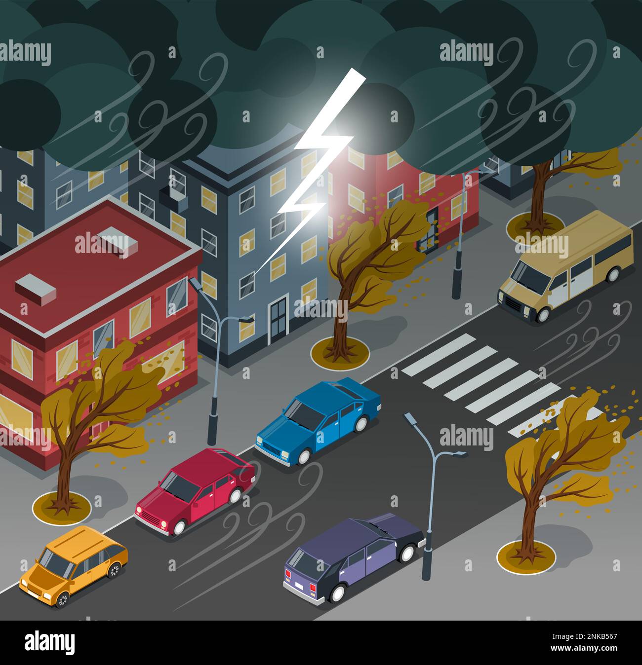 Colored isometric storm weather concept strong winds and thunderstorms ...
