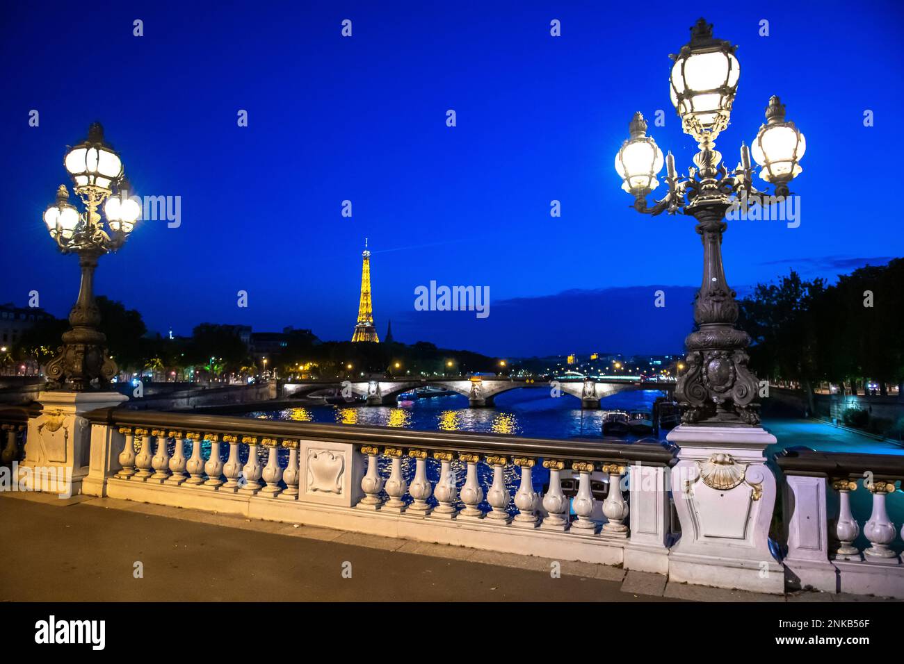 PARIS, France - August 15, 2022: Illuminated Bridges Pont Alexandre III ...