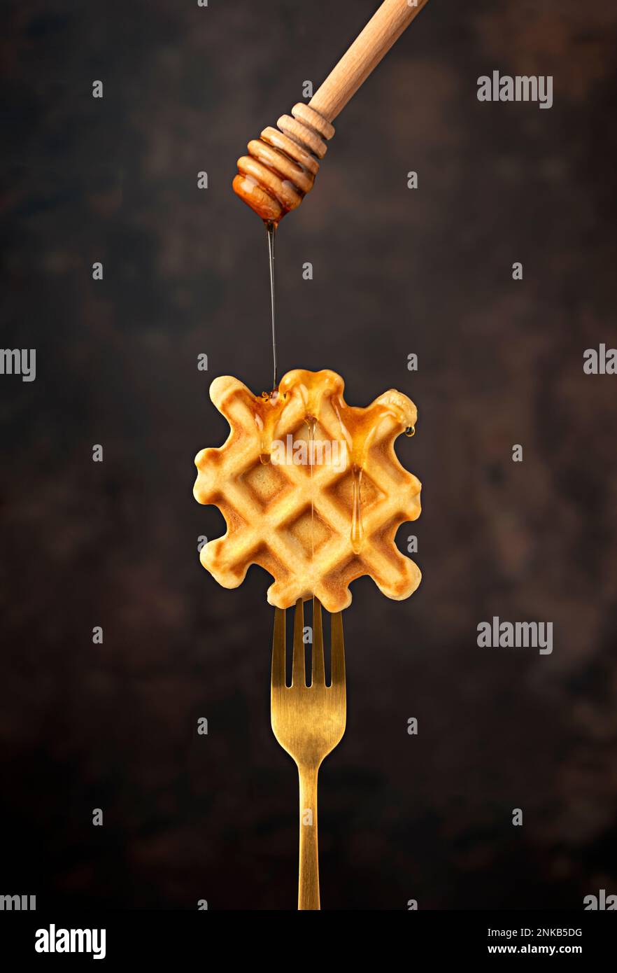 Macro food photography of waffle, fork, honey, breakfast, belgian ...
