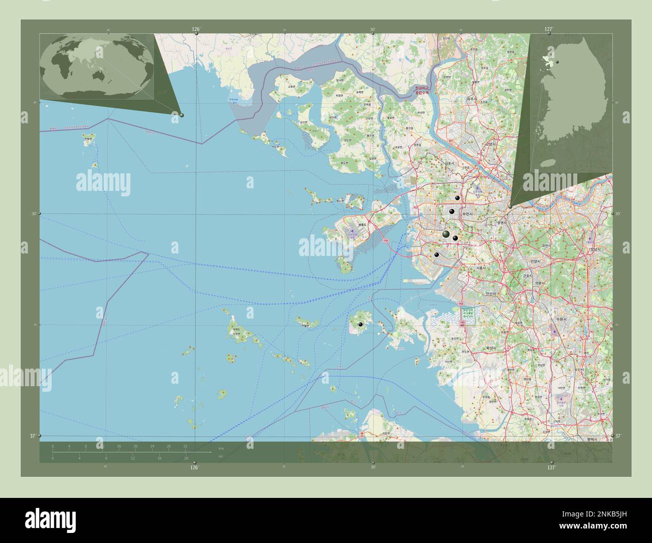 Incheon, metropolitan city of South Korea. Open Street Map. Locations ...