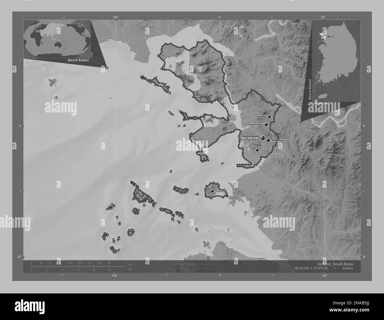 Incheon, metropolitan city of South Korea. Grayscale elevation map with ...