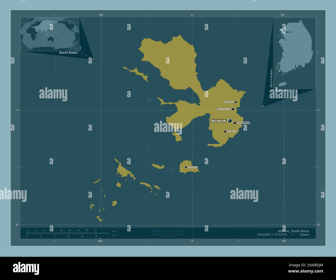 Incheon, metropolitan city of South Korea. Solid color shape. Locations ...