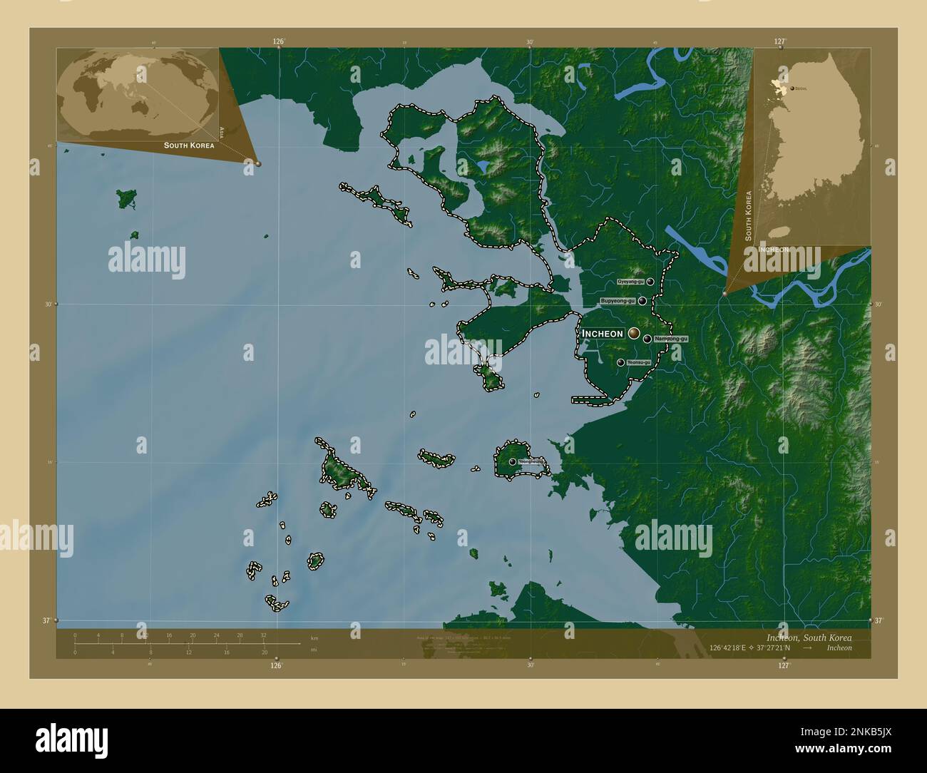 Incheon, metropolitan city of South Korea. Colored elevation map with ...