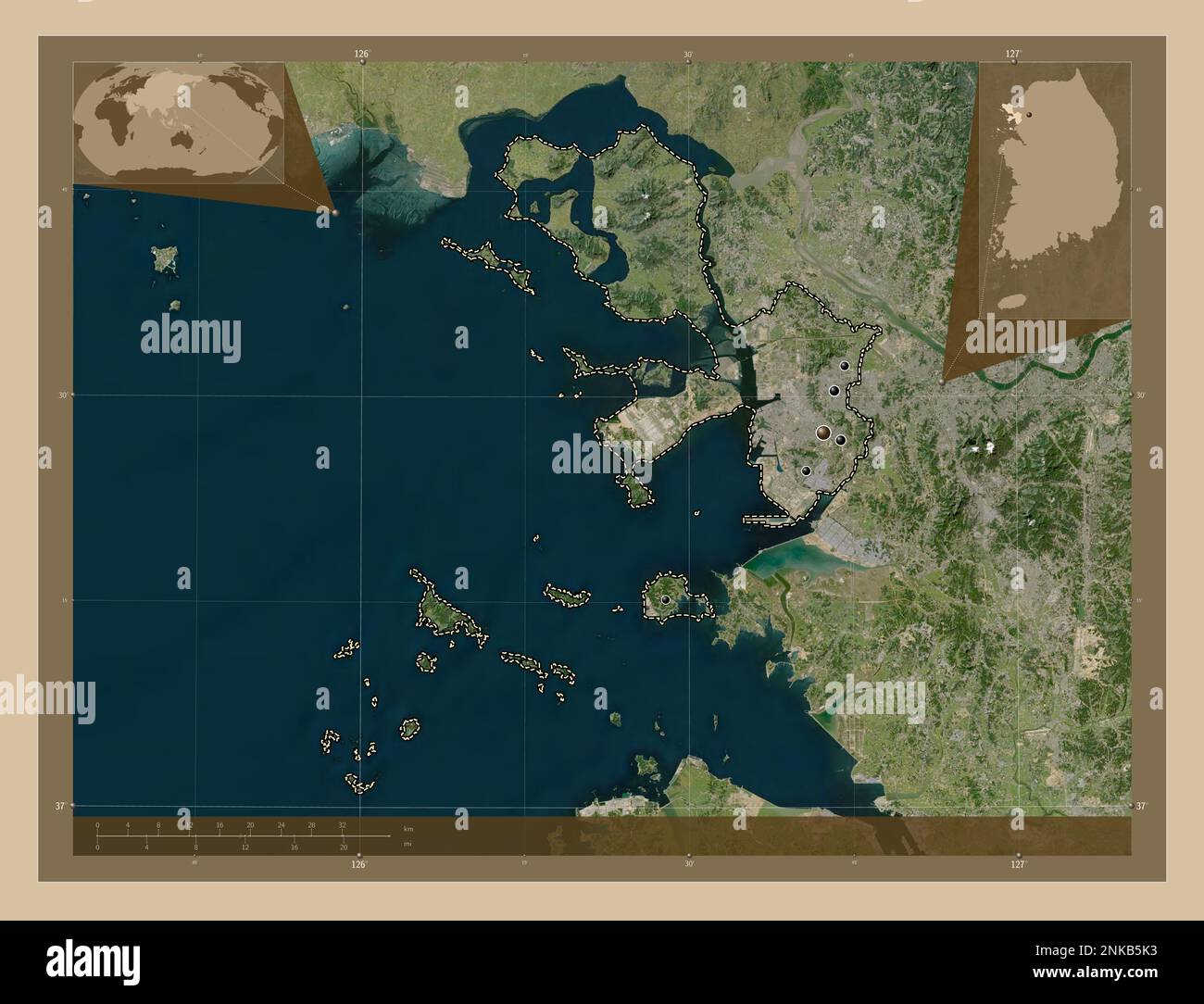 Incheon, metropolitan city of South Korea. Low resolution satellite map ...