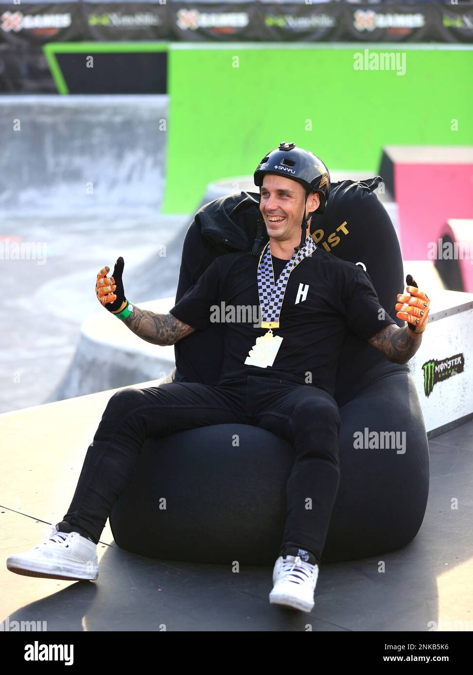 Logan Martin of Australia celebrates after winning the BMX Park at ZOZO ...
