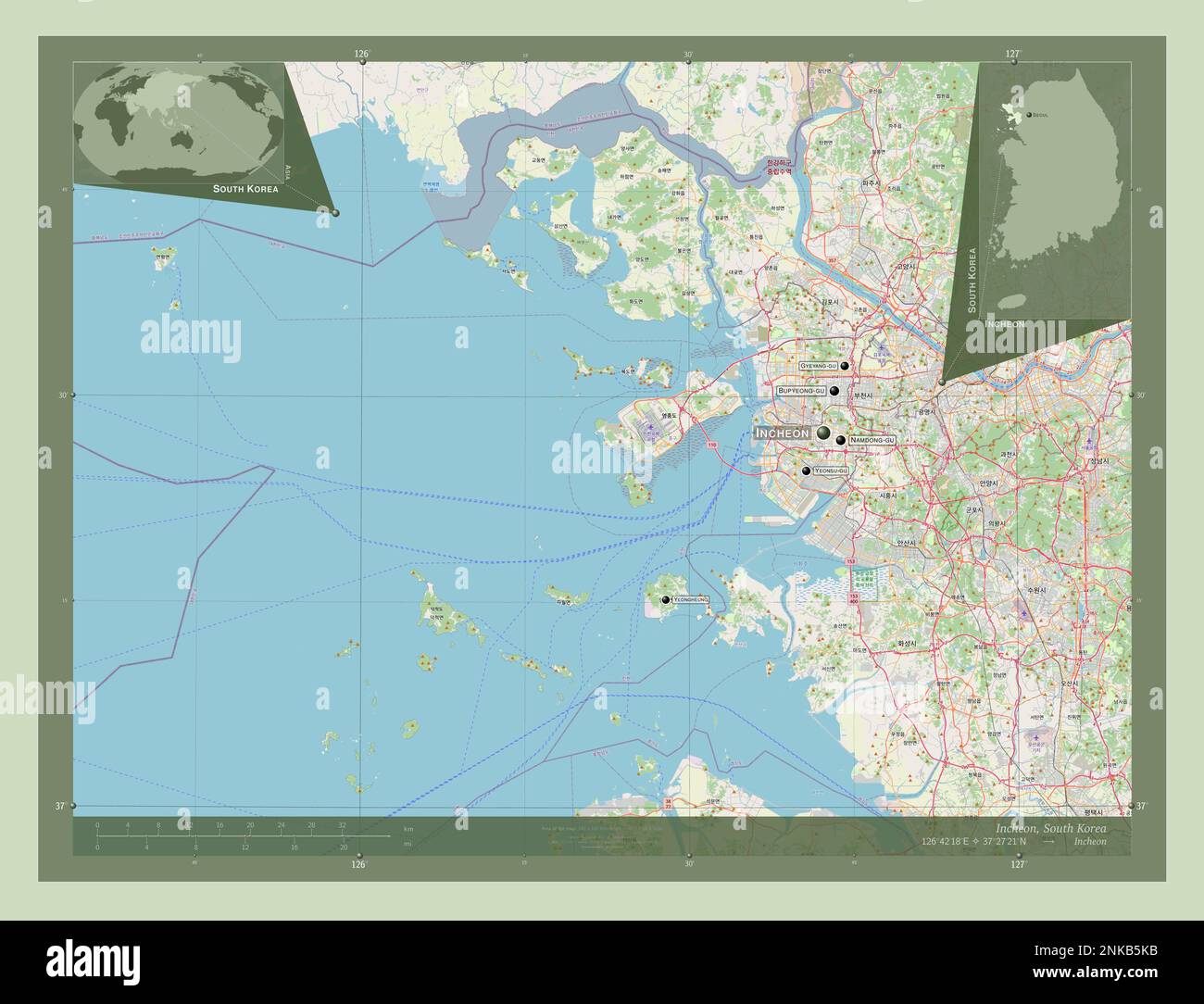 Incheon, metropolitan city of South Korea. Open Street Map. Locations ...