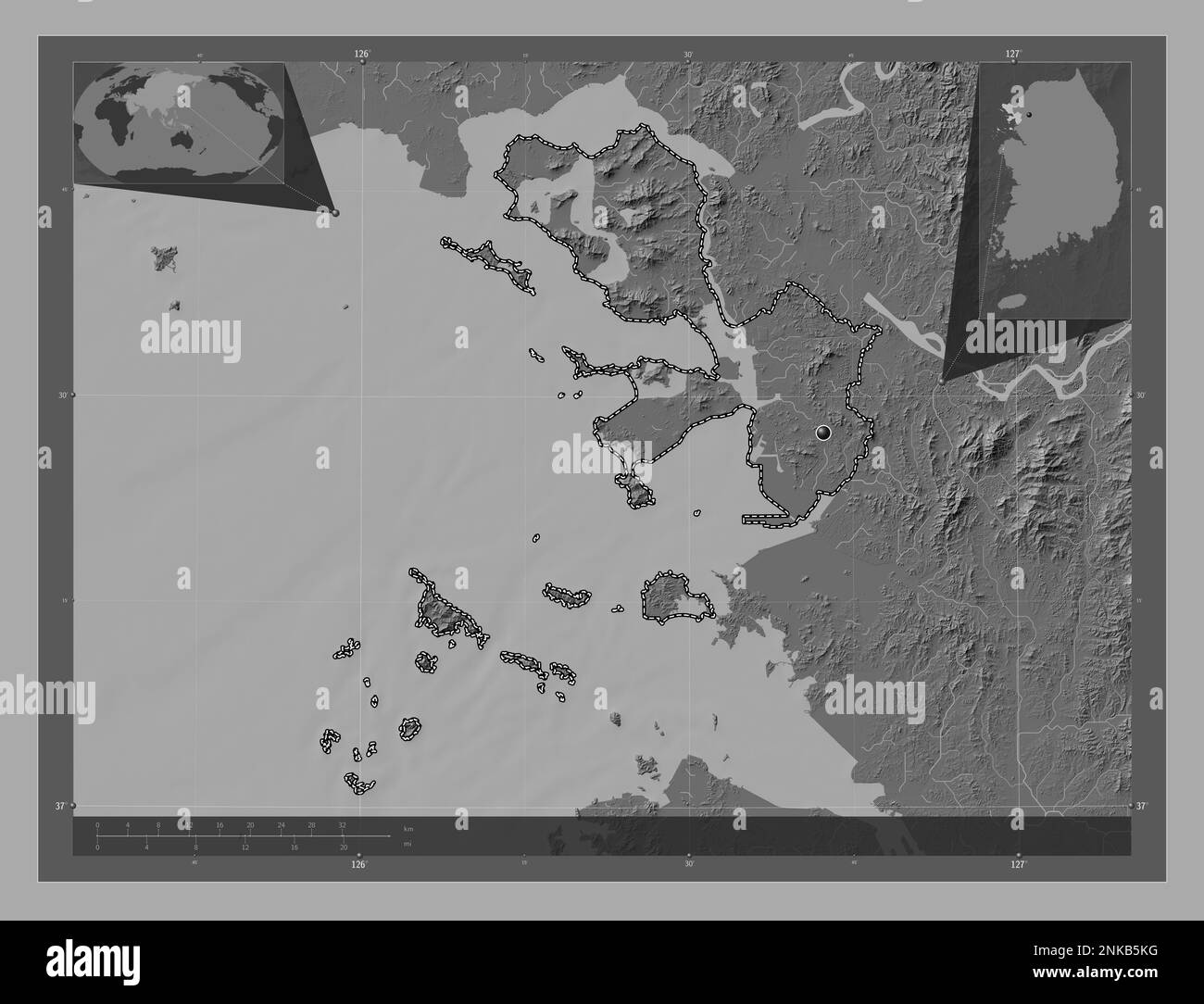 Incheon, metropolitan city of South Korea. Bilevel elevation map with ...