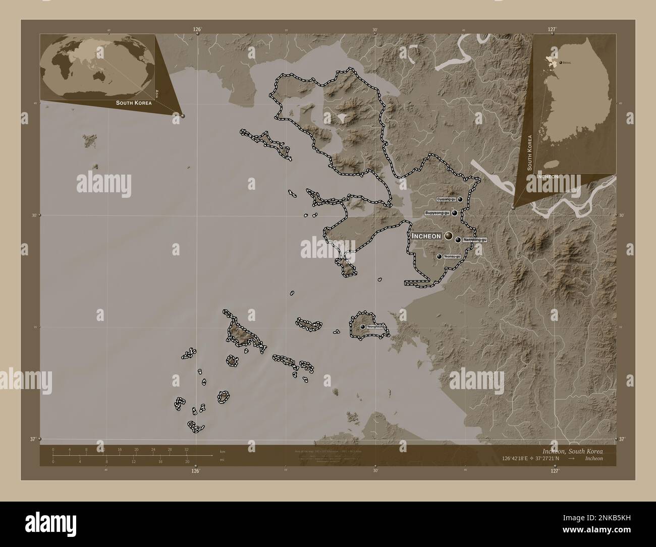 Incheon, metropolitan city of South Korea. Elevation map colored in ...