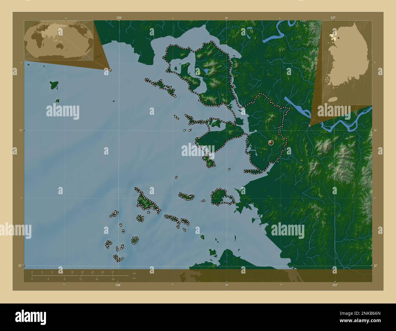 Incheon, metropolitan city of South Korea. Colored elevation map with ...