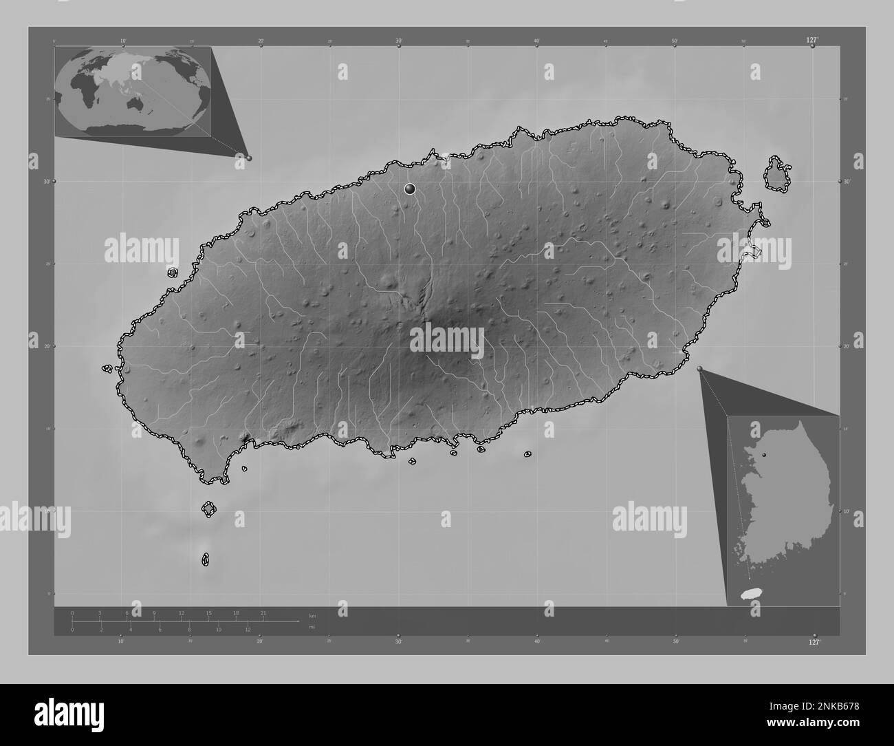 Jeju, province of South Korea. Grayscale elevation map with lakes and ...