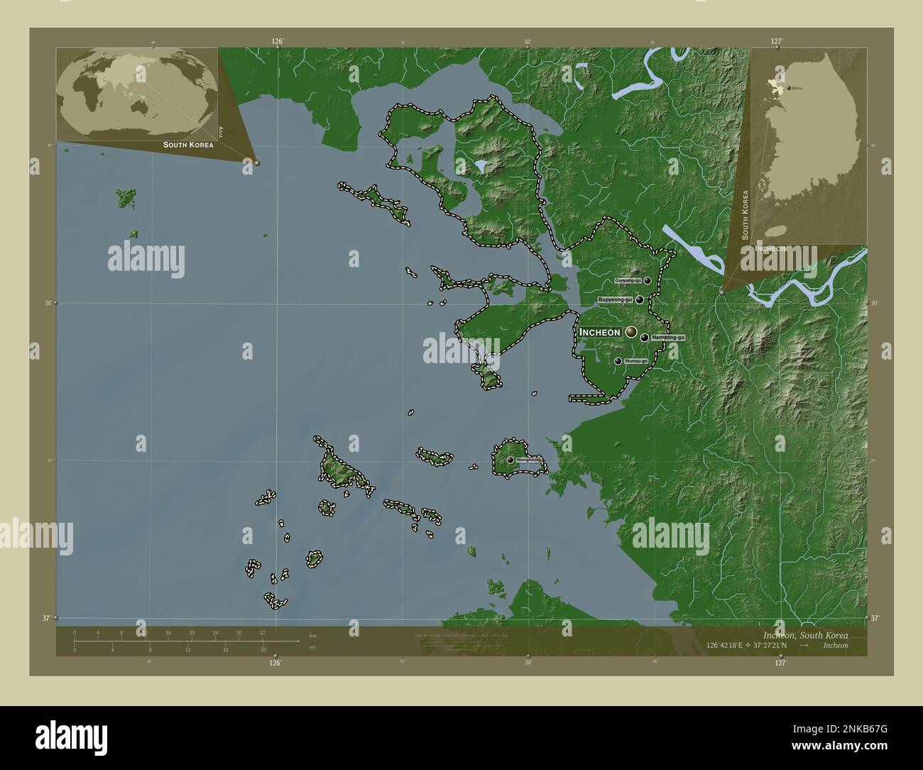 Incheon, metropolitan city of South Korea. Elevation map colored in ...