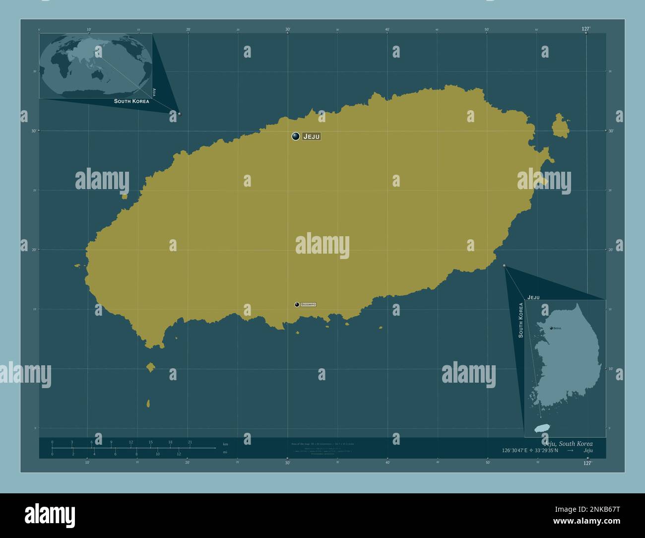 Jeju, province of South Korea. Solid color shape. Locations and names ...
