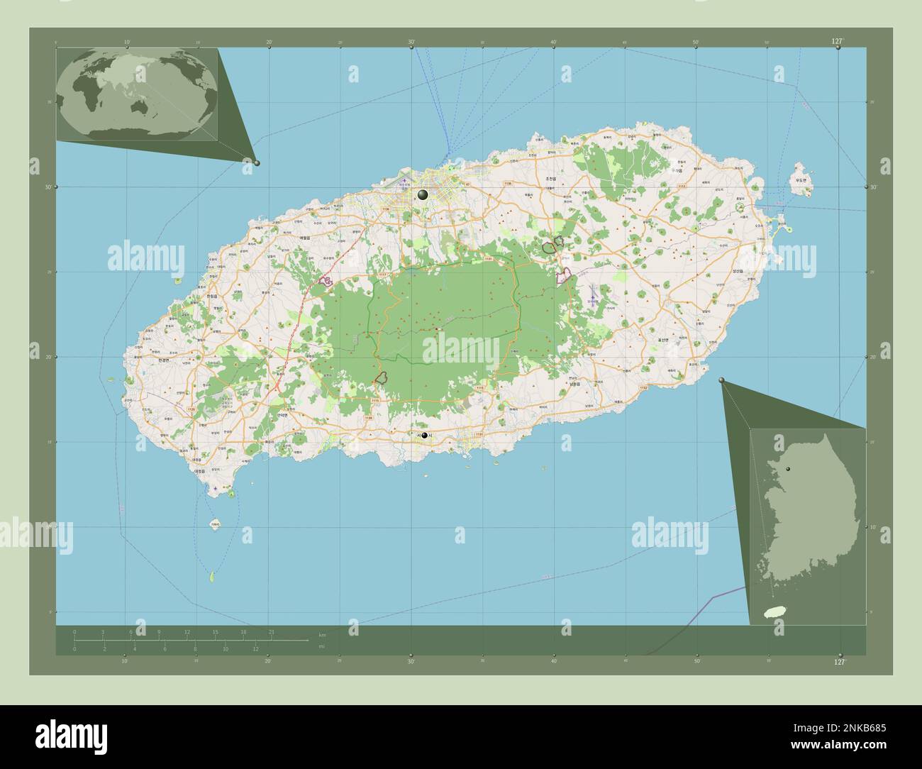 Jeju, province of South Korea. Open Street Map. Locations of major ...