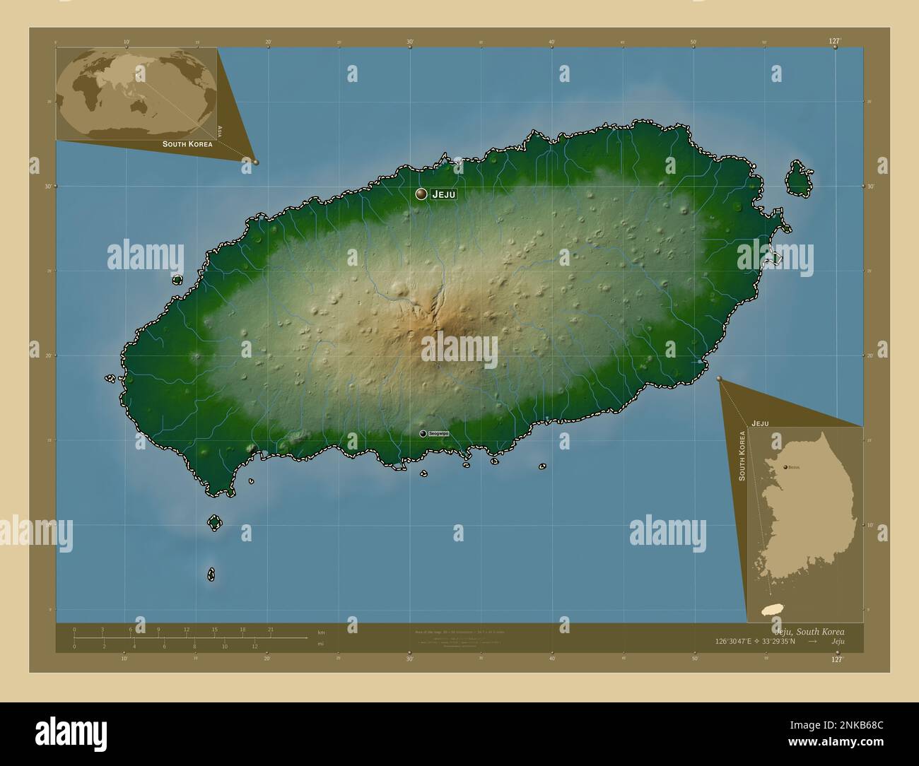 Jeju, province of South Korea. Colored elevation map with lakes and ...
