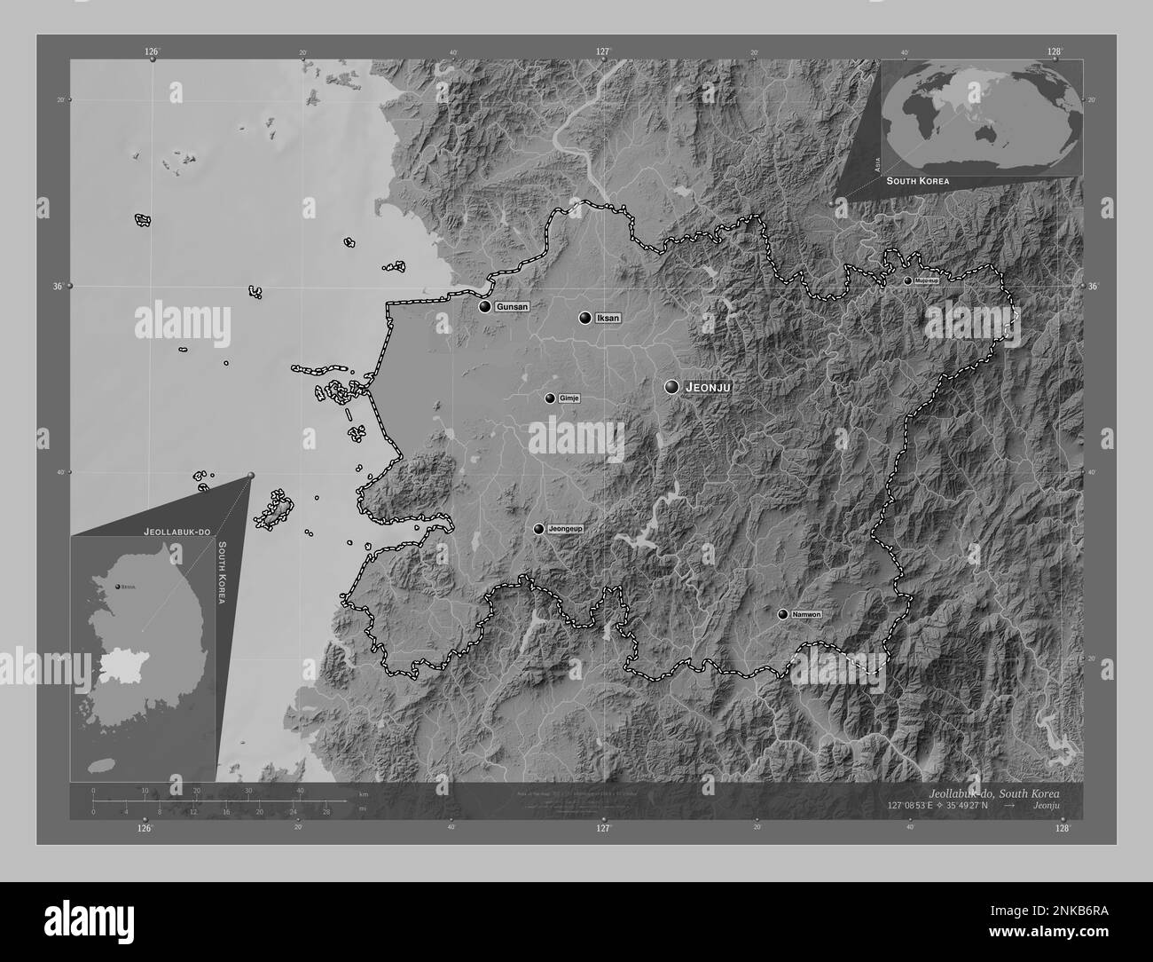 Jeollabuk-do, province of South Korea. Grayscale elevation map with ...