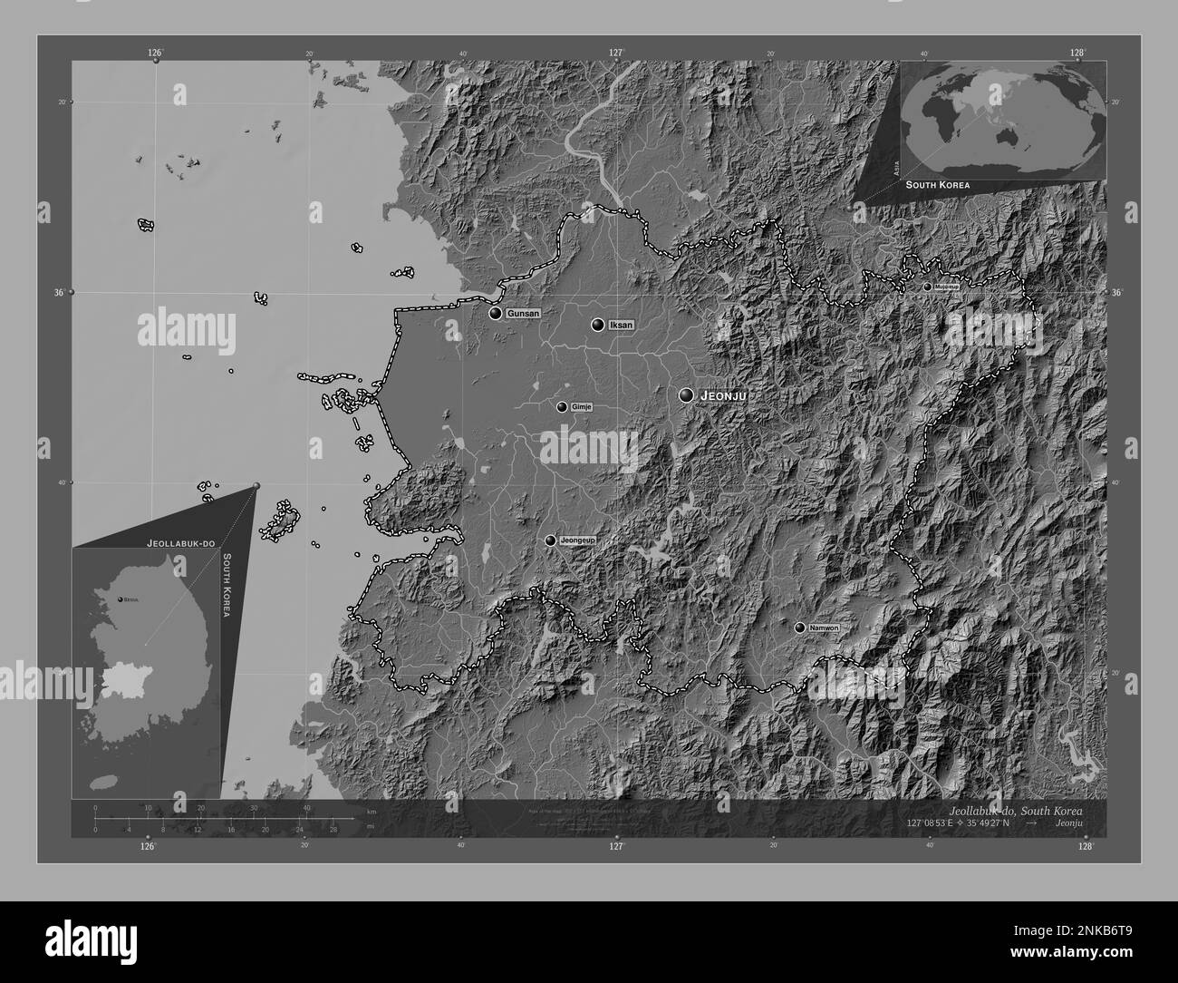 Jeollabuk-do, province of South Korea. Bilevel elevation map with lakes ...