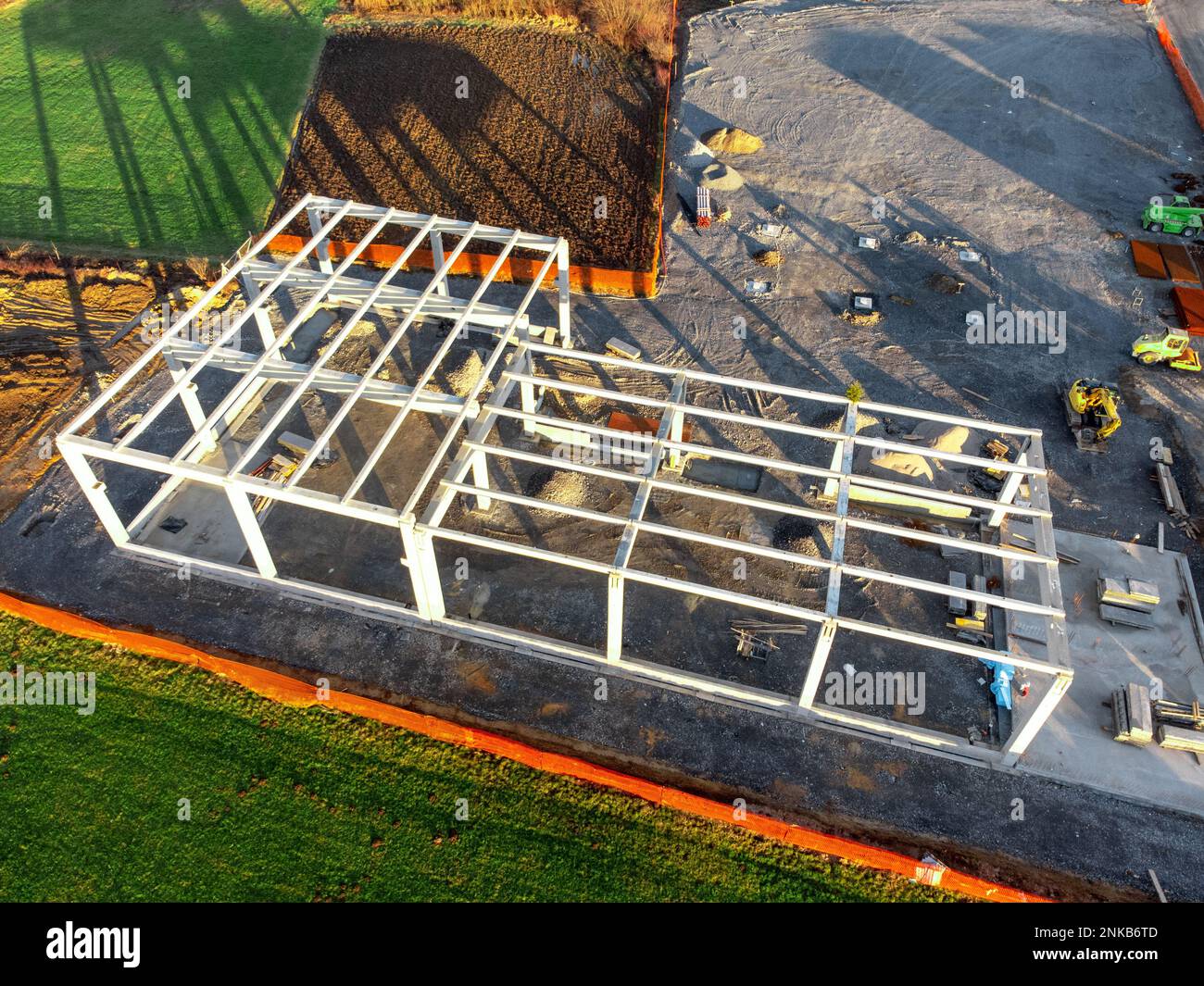 Prefabricated concrete skeleton frame building, building site, aerial ...