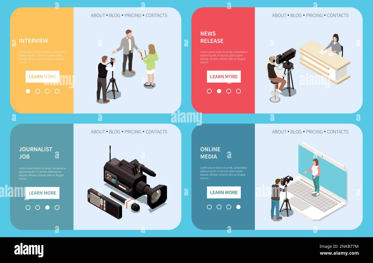 News media isometric banner set with journalist interview scenes isolated vector illustration ...