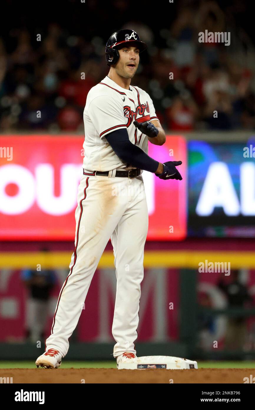 Atlanta Braves' Matt Olson reacts at second base after hitting a two ...