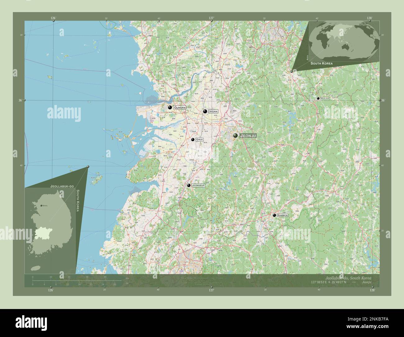 Jeollabuk-do, province of South Korea. Open Street Map. Locations and ...