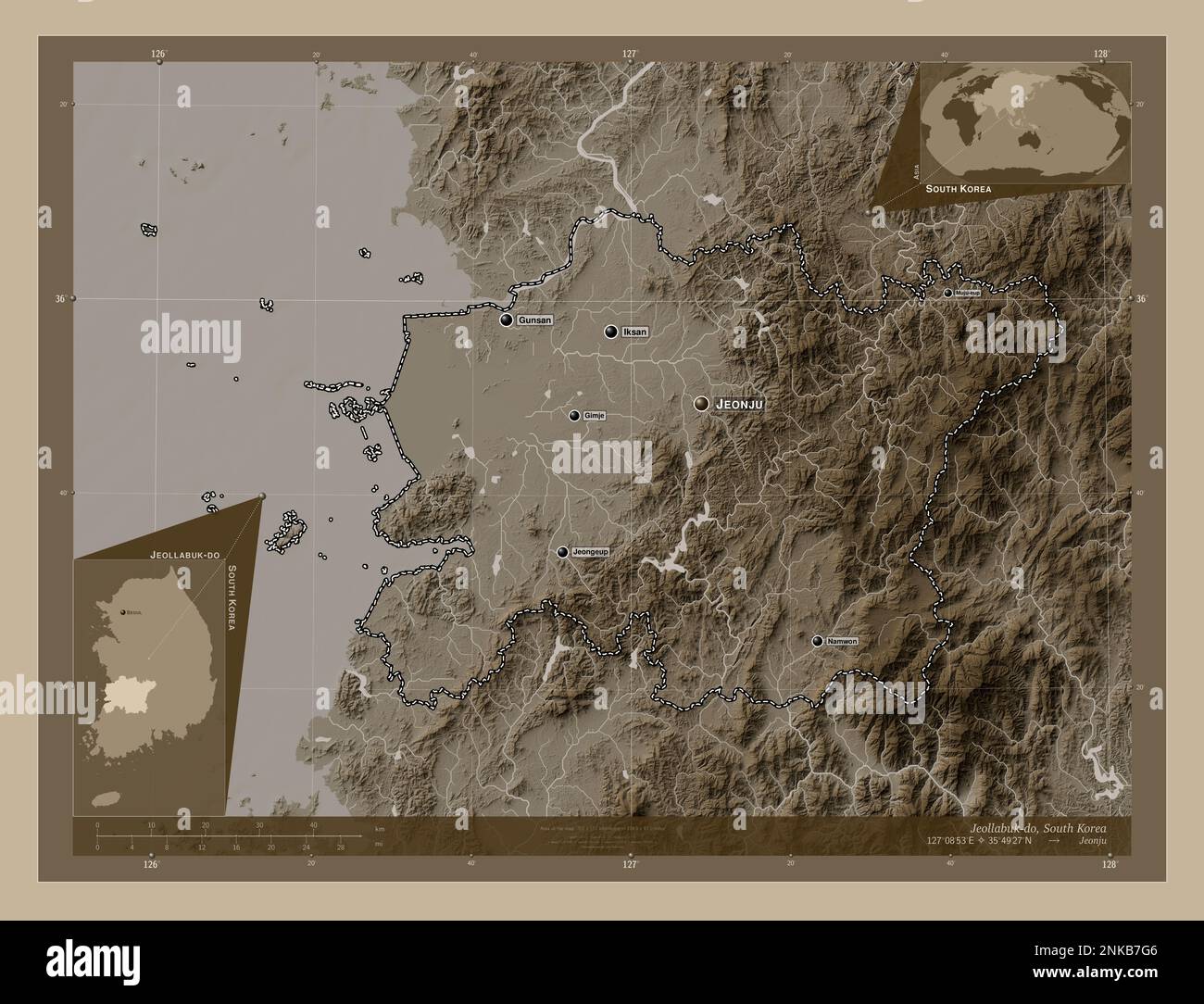 Jeollabuk-do, province of South Korea. Elevation map colored in sepia ...