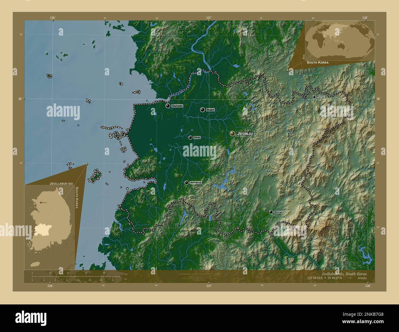 Jeollabuk-do, province of South Korea. Colored elevation map with lakes ...
